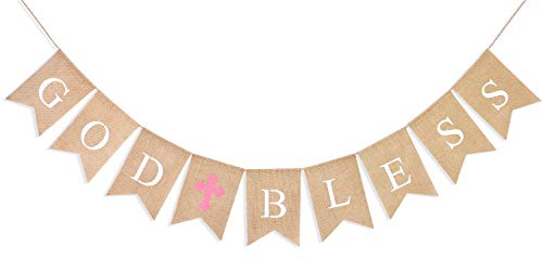 Uniwish God Bless Banner Baptism Decorations for Girls, Vintage Rustic Burlap Bunting Garland Christening Communion Party Supplies with Pink Cross