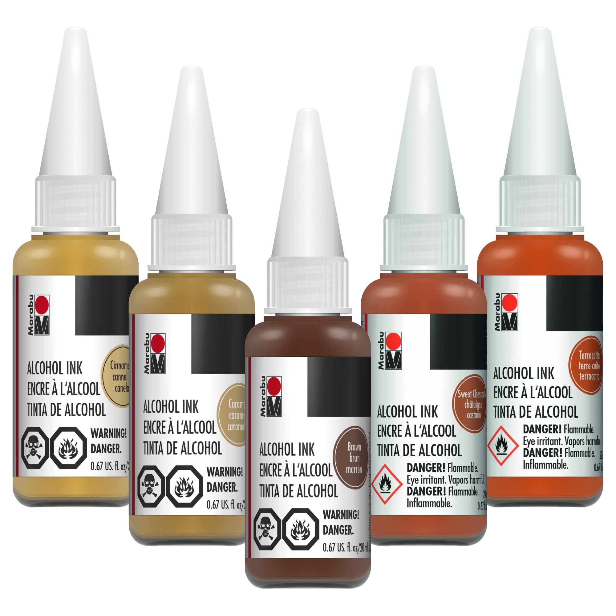 Marabu Brown Alcohol Ink Set - Brown, Cinnamon, Sweet Chestnut, Terracotta, and Caramel Alcohol Ink for Epoxy Resin, Tumbler Making, Alcohol Ink Paper - Large 0.68 Ounce Inks, 5 Colors Pack