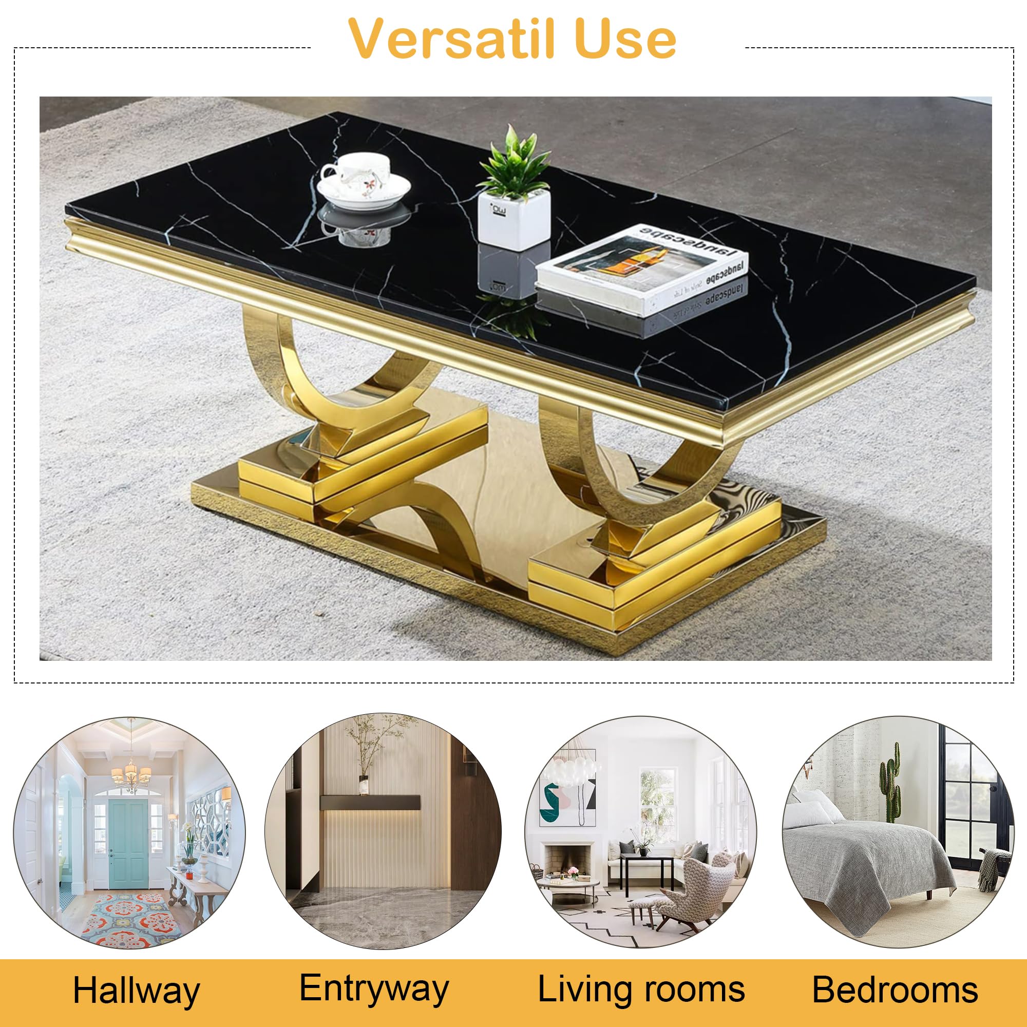 47" Rectangular Marble Coffee Table, Modern Luxury Living Room Center Table, Mid-Century Elegant Black Faux Marble Cocktail Table with O-Shape Gold Mirrored Stainless Steel Pedestal Base