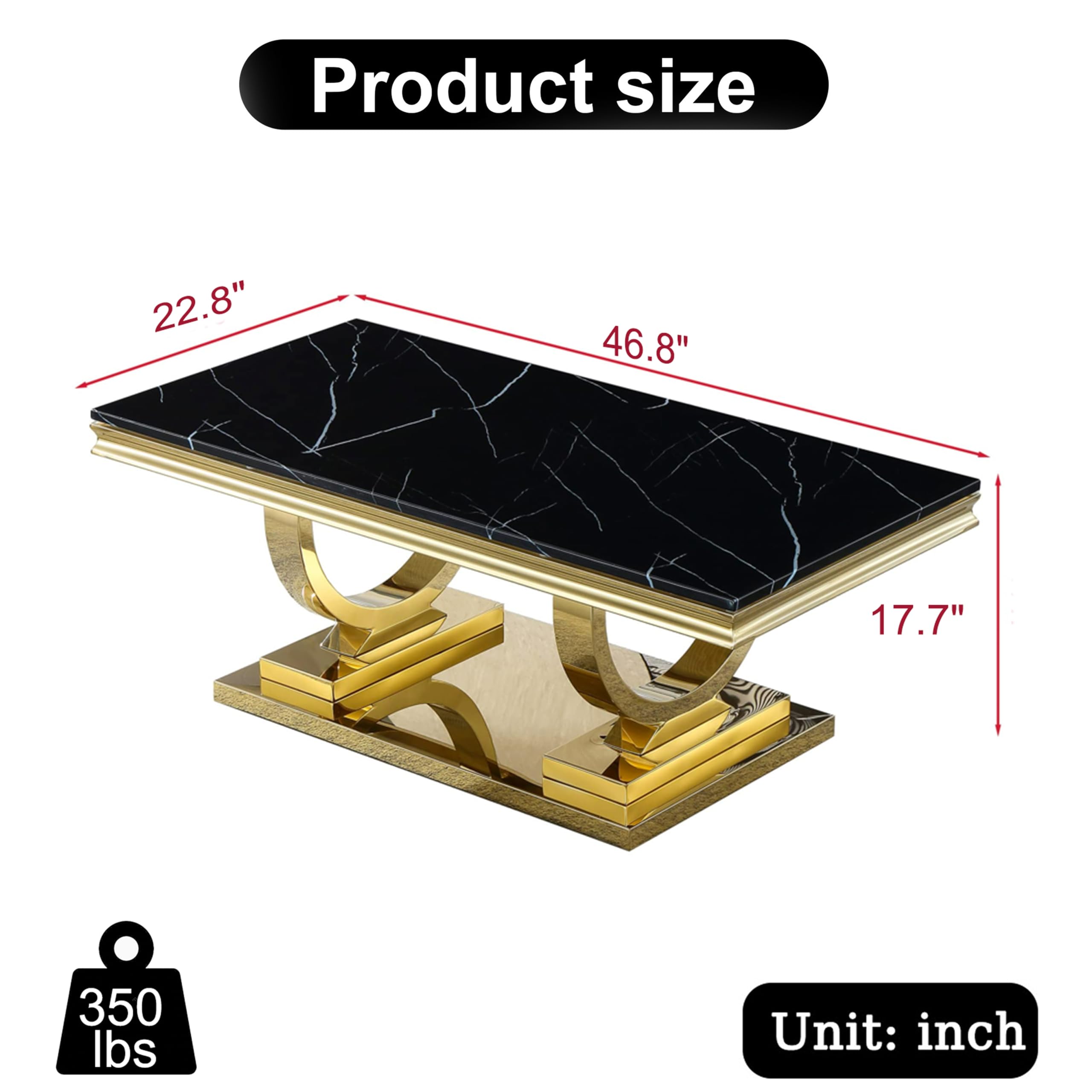 47" Rectangular Marble Coffee Table, Modern Luxury Living Room Center Table, Mid-Century Elegant Black Faux Marble Cocktail Table with O-Shape Gold Mirrored Stainless Steel Pedestal Base