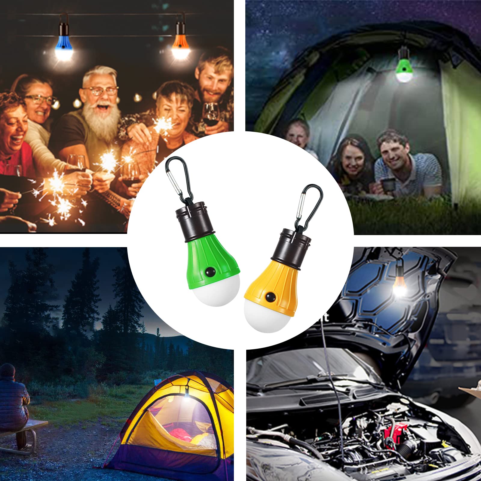 LED Camping Tent Lantern, Portable Outdoor Waterproof Emergency Light Bulb, Battery Powered with Clip Hook, Super Bright, for Hiking, Party,Camping, Fishing, Power Failure (=4 Packs, Multi-Color)