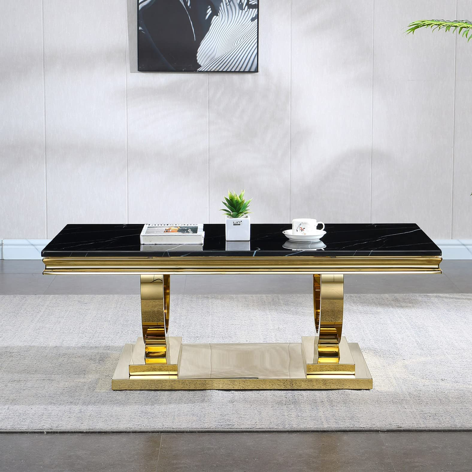 47" Rectangular Marble Coffee Table, Modern Luxury Living Room Center Table, Mid-Century Elegant Black Faux Marble Cocktail Table with O-Shape Gold Mirrored Stainless Steel Pedestal Base
