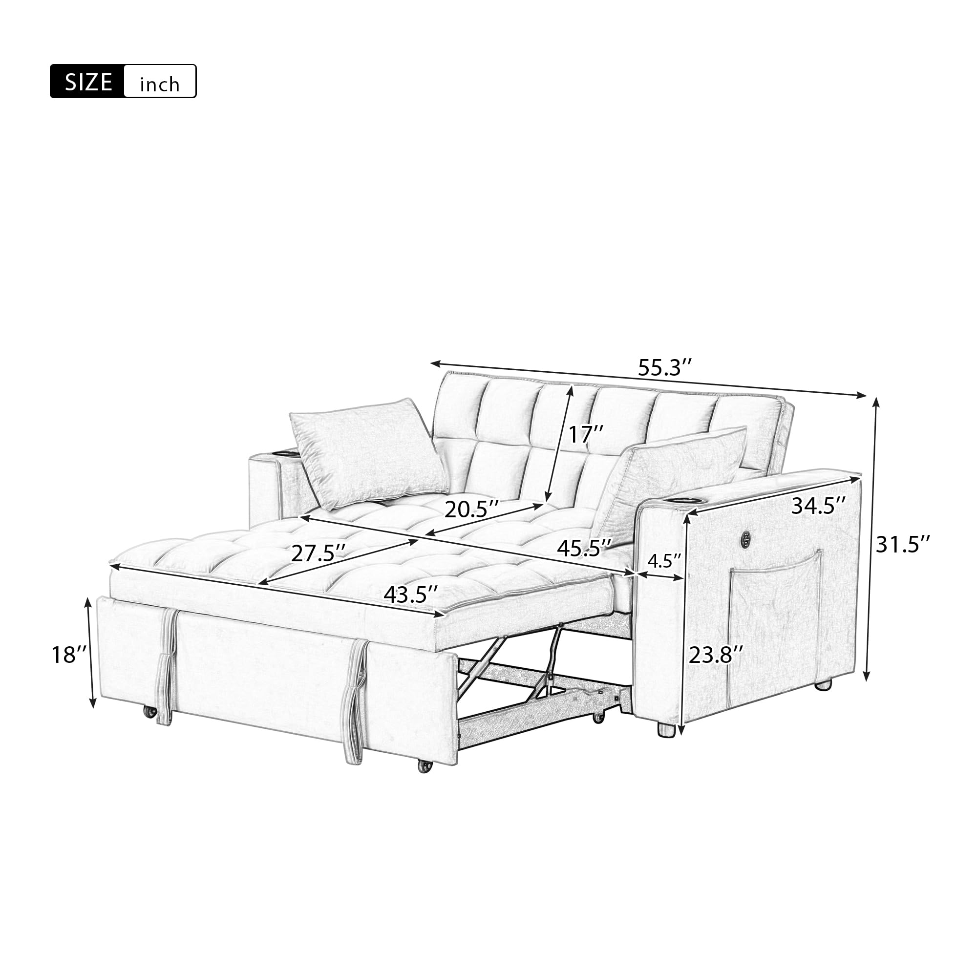 4-in-1 Multi-Functional Convertible Sofa Bed w/Cup Holder and USB Port,Velvet Upholstery Sleeper Couch Pull-Out Sofabed, 55.3'' Loveseat Chaise Lounge with Pillows for Living Room,Small Place