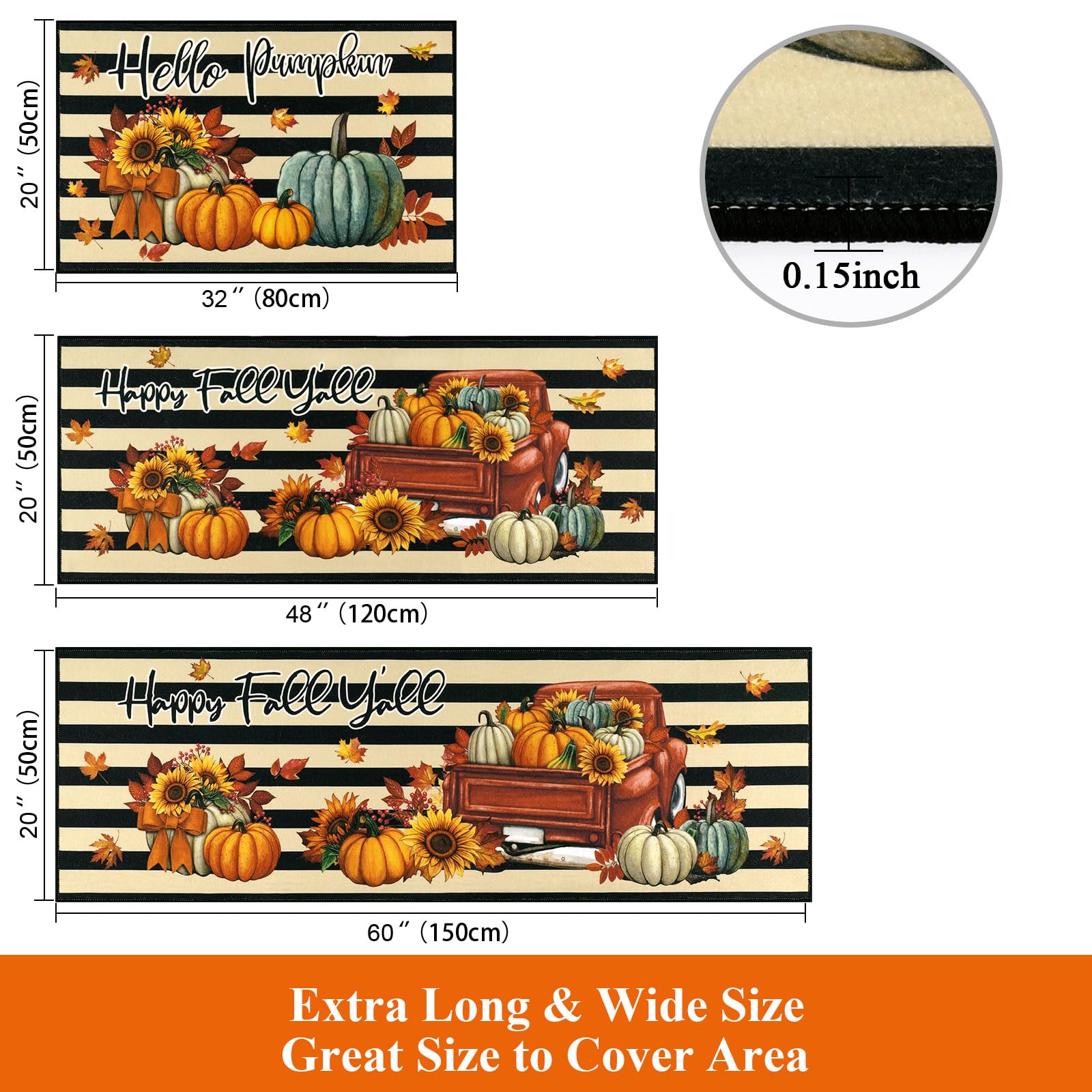 Ileading Fall Kitchen Rugs Sets 3 Piece with Runner Thanksgiving Sunflowers Rugs for Kitchen Happy Fall Y'all Kitchen Carpet Mat Autumn Harvest Kitchen Mats for Kitchen Laundry Room Office