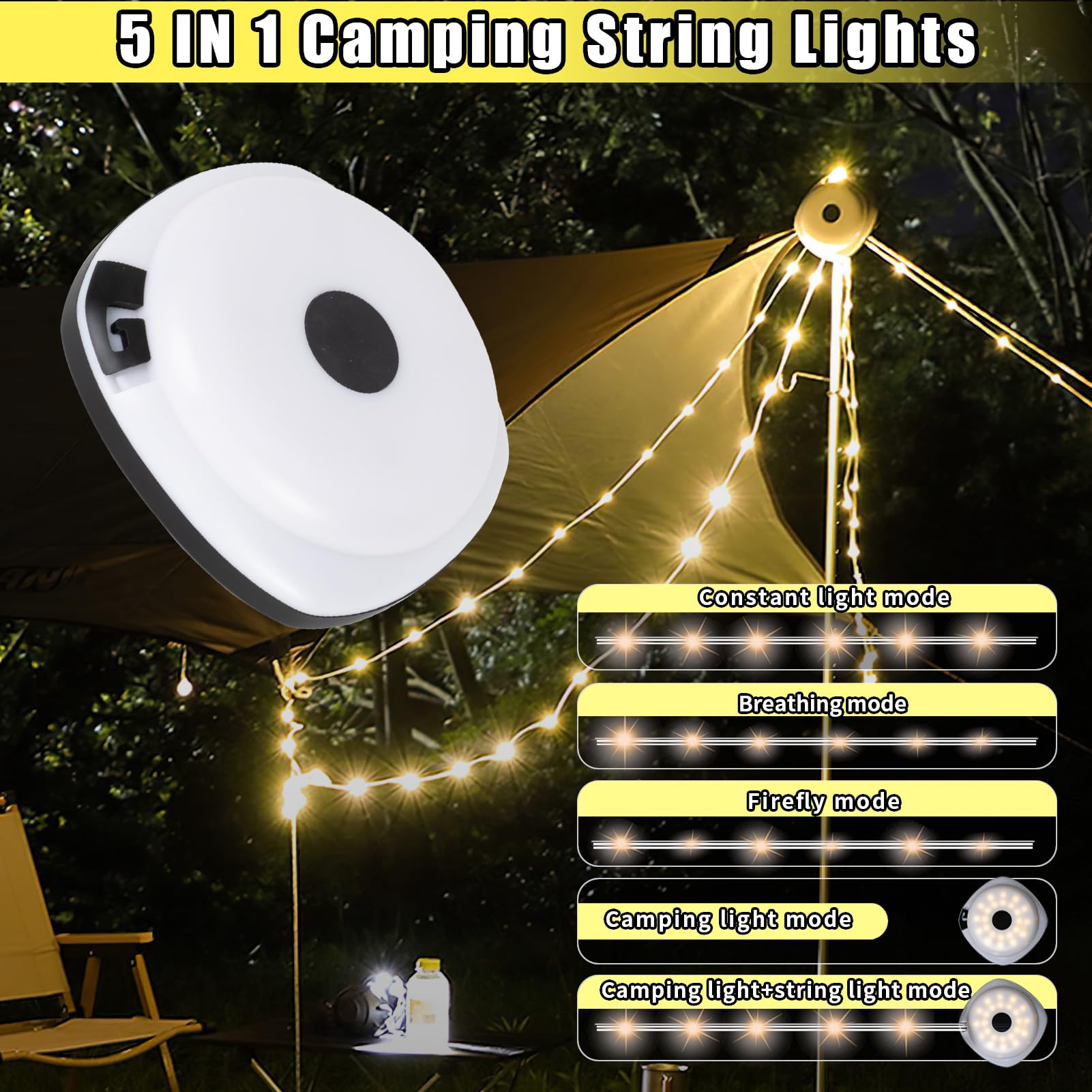 AMESEDAK Camping String Lights, 2 in 1 USB Rechargeable Outdoor String Lights(32.8Ft)