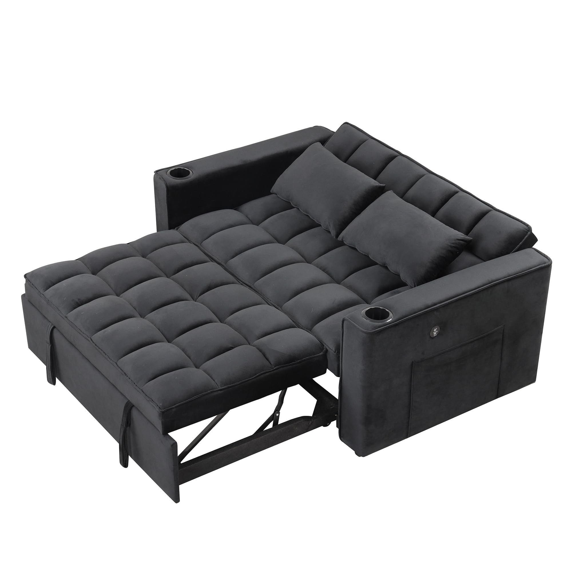 4-in-1 Multi-Functional Convertible Sofa Bed w/Cup Holder and USB Port,Velvet Upholstery Sleeper Couch Pull-Out Sofabed, 55.3'' Loveseat Chaise Lounge with Pillows for Living Room,Small Place