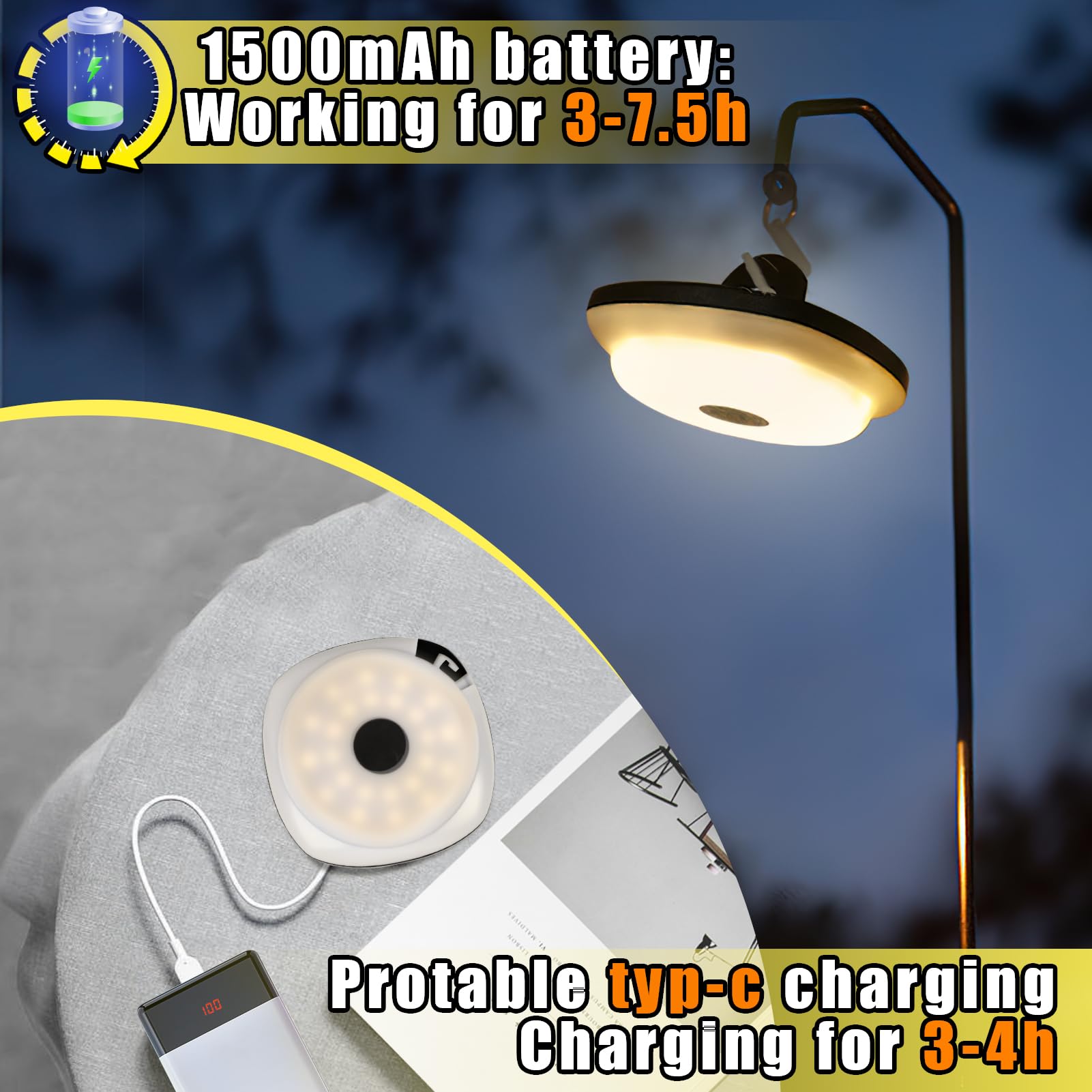 AMESEDAK Camping String Lights, 2 in 1 USB Rechargeable Outdoor String Lights(32.8Ft)