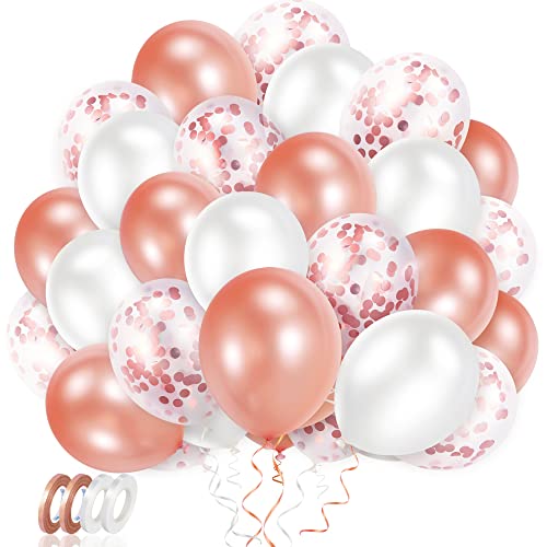 70PCS Rose Gold Balloons set with 4 Roll Ribbons, Meromore 12 Inches Latex Confetti White Rose Gold Balloons Bulk for Birthday Party Supplies Wedding Graduation Bachelorette Anniversary
