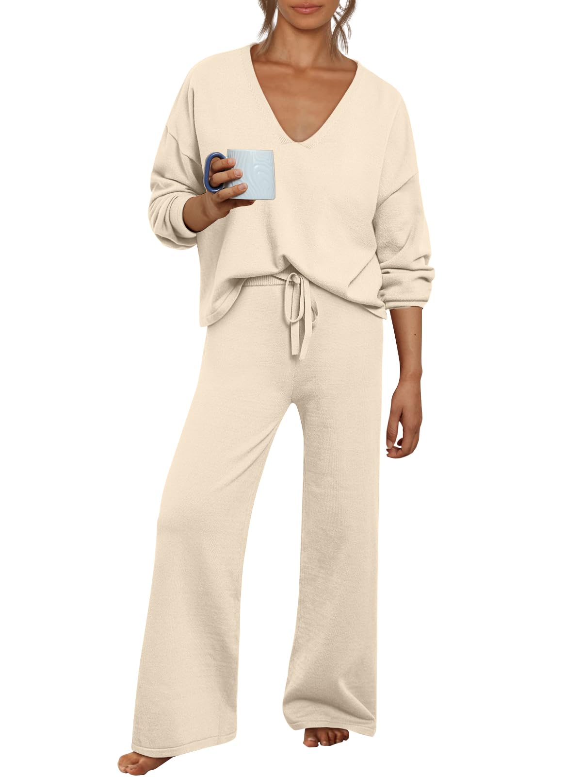 LILLUSORY Women's Two Piece Outfits Sweater set Knit Top Set And Loose Wide Leg Pants Lounge Sweatsuit