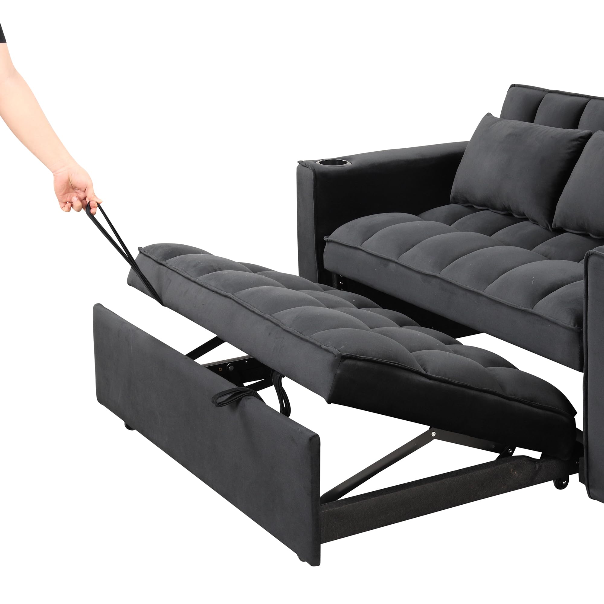 4-in-1 Multi-Functional Convertible Sofa Bed w/Cup Holder and USB Port,Velvet Upholstery Sleeper Couch Pull-Out Sofabed, 55.3'' Loveseat Chaise Lounge with Pillows for Living Room,Small Place