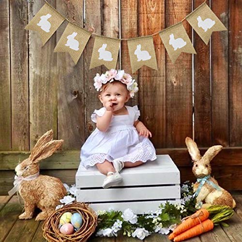Uniwish Rabbit Banner Burlap Easter Decorations Garland Bunny Bunting Home Decor for Mantle Fireplace Rustic Spring Themed Baby Shower Birthday Party Supplies