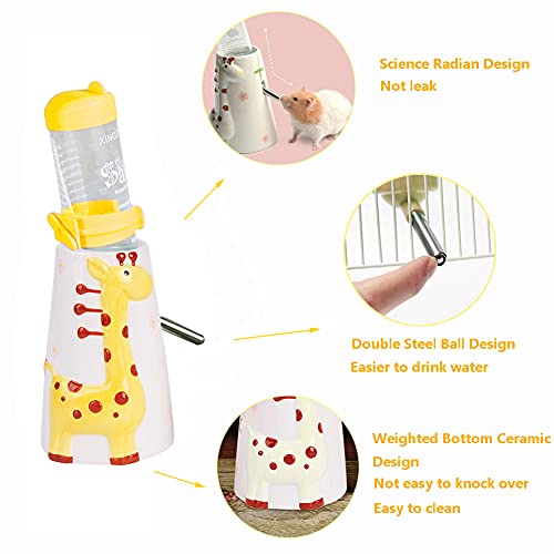 BIGCAKE 125ML Hamster Water Bottle, Ceramics Small Animals No Drip Standing Drinking Waterer with Holder for Syrian Hamster Dwarf Hamsters Mice Hedgehog Gerbil Rat (Yellow)