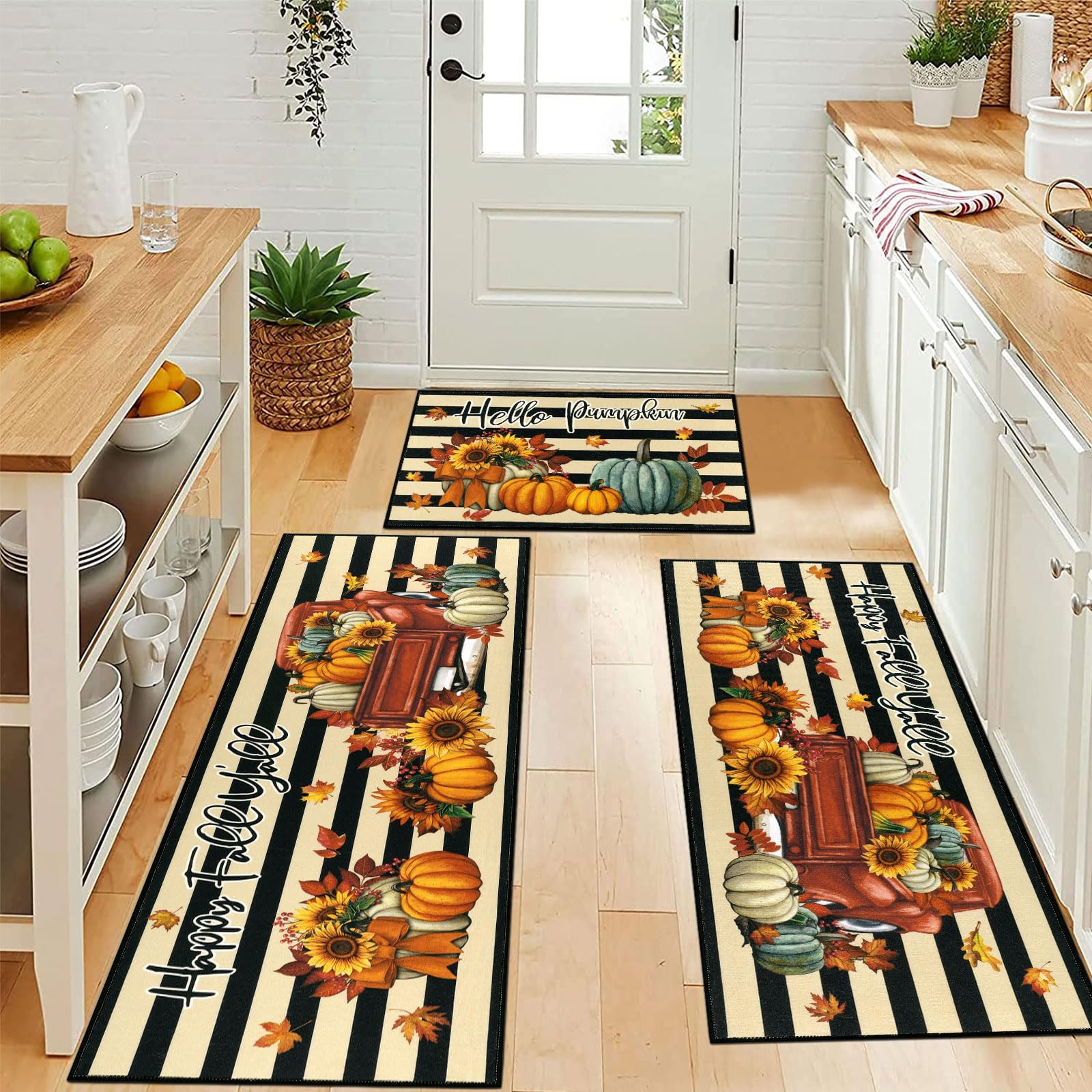 Ileading Fall Kitchen Rugs Sets 3 Piece with Runner Thanksgiving Sunflowers Rugs for Kitchen Happy Fall Y'all Kitchen Carpet Mat Autumn Harvest Kitchen Mats for Kitchen Laundry Room Office