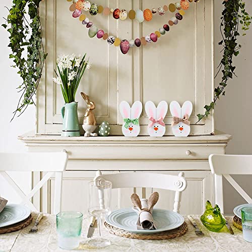 Easter Decorations for the Home, hogardeck 3 Pcs Easter Bunny Table Decor, Wood Sign Rabbit Block Set with Plaid Dot Burlap Bow Wooden Signs Table Centerpiece Farmhouse Decor for Party Fireplace Tiered Tray Tabletop