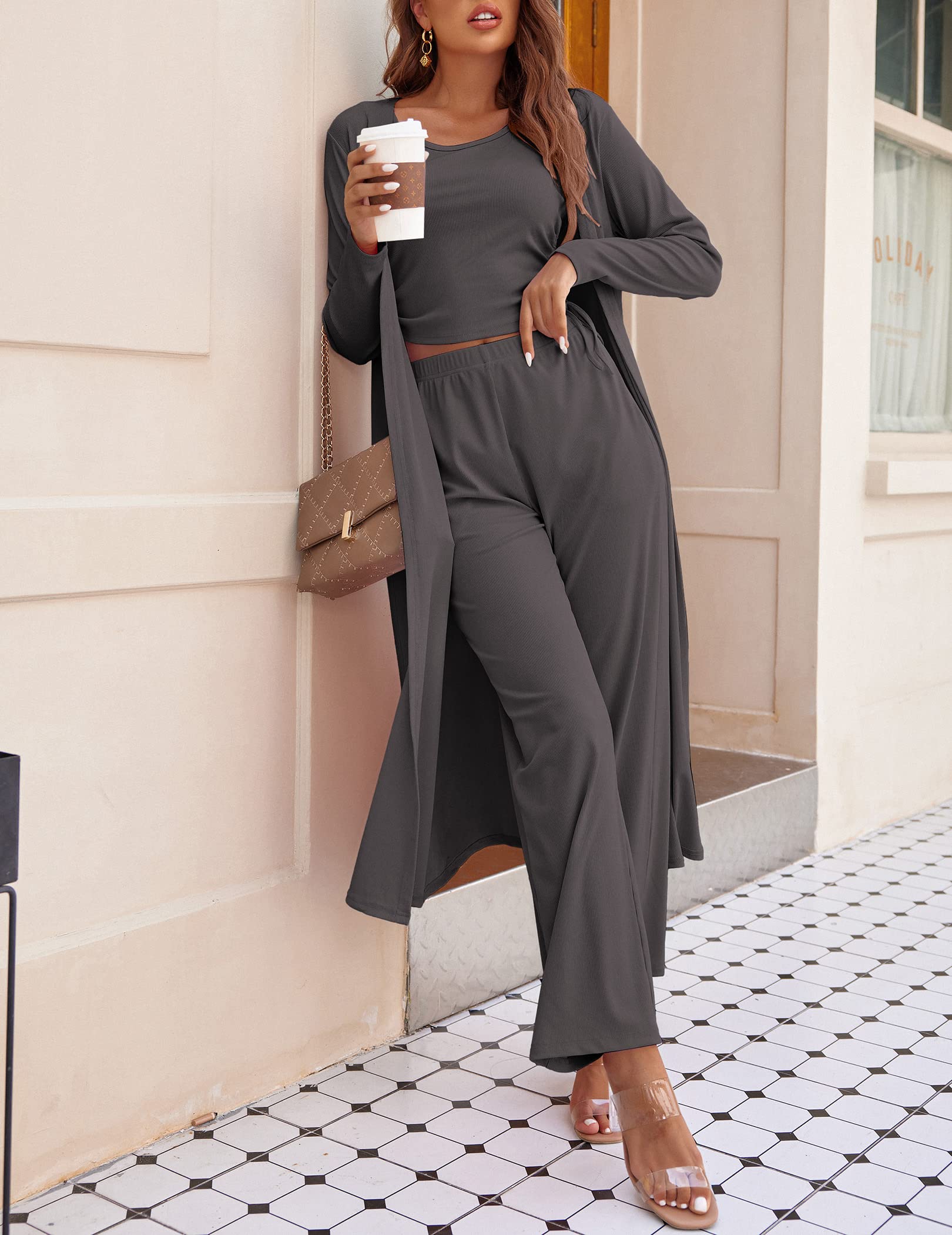 Ekouaer Women's 3 Piece Knit Lounge Set Pajama Long Sleeve Cardigan Sleeveless Top Pants SweatsuitCharcoal GreyLarge