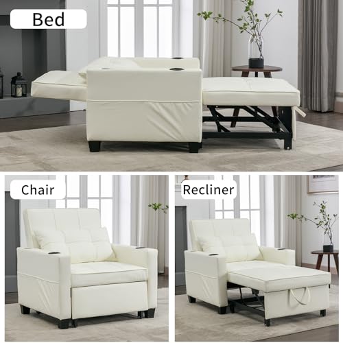 Futon Chair Bed, Modern Convertible Chair 3-in-1 Pull Out Sleeper Chair Beds with USB Ports, Single Sofa Recliner Couch Armchair Bed Sleeper for Living Room Apartment (White PU Leather)