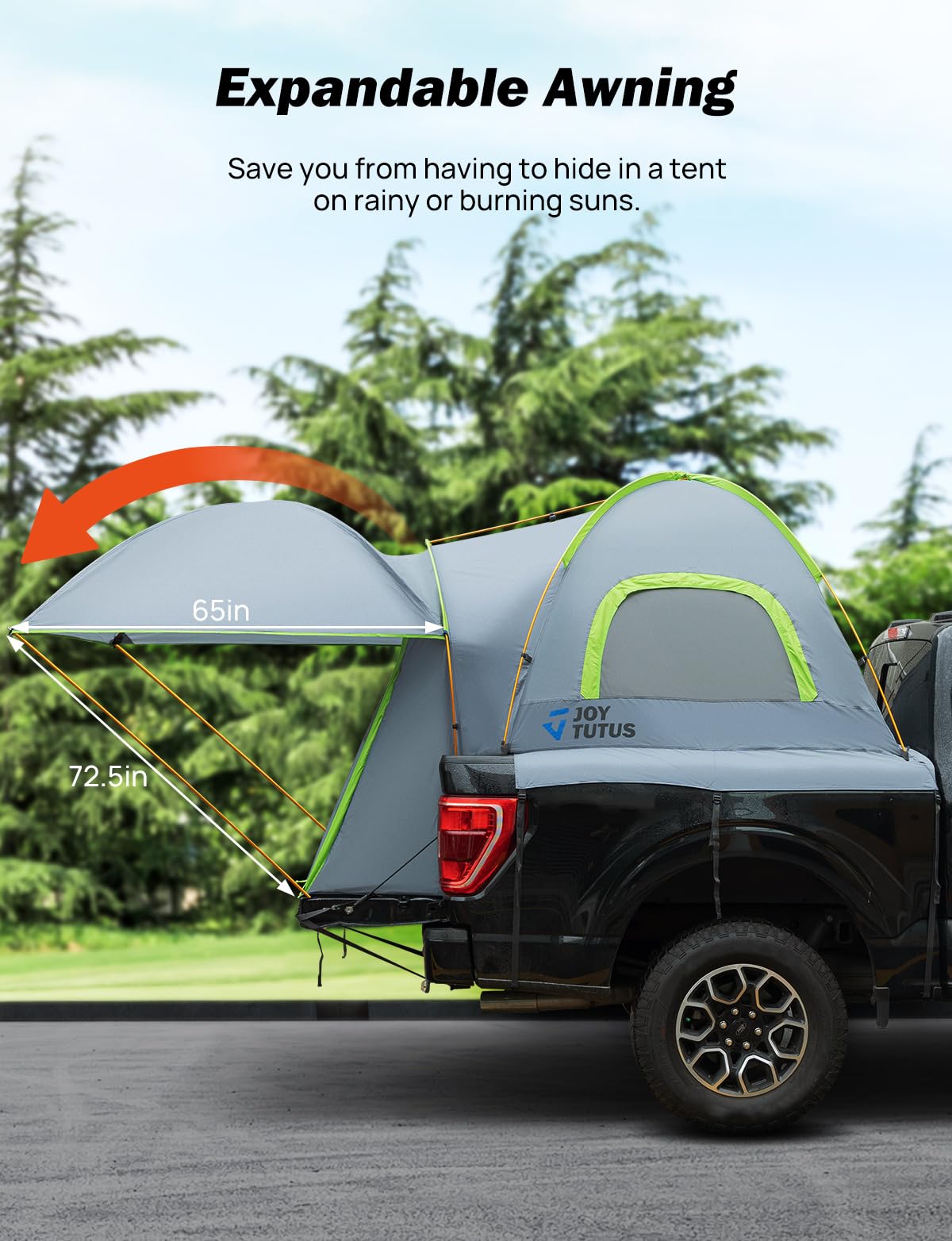 JOYTUTUS Pickup Truck Tent 5.5ft Bed Tent with Removable Awning, Waterproof PU2000mm Double Layer for 2 Person, Portable Truck Bed Tent - Green, Aluminum Pole