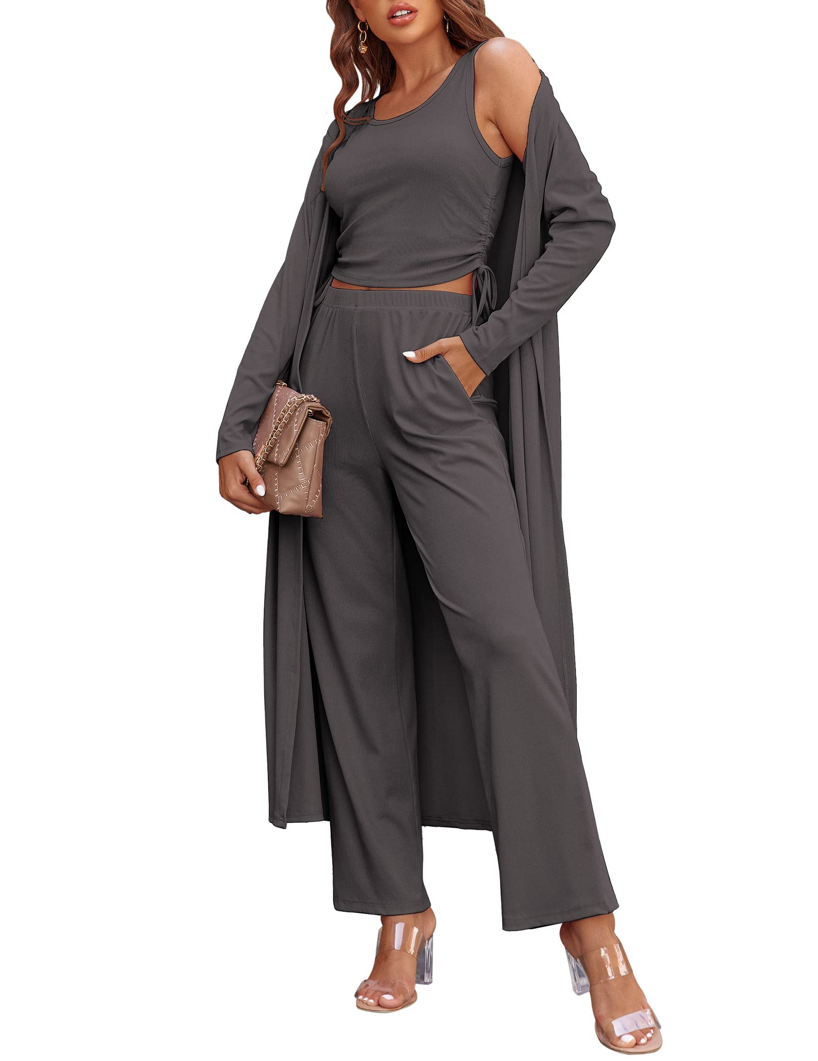 Ekouaer Women's 3 Piece Knit Lounge Set Pajama Long Sleeve Cardigan Sleeveless Top Pants SweatsuitCharcoal GreyLarge