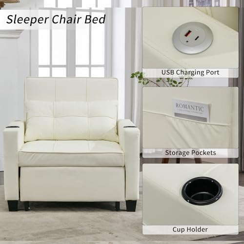 Futon Chair Bed, Modern Convertible Chair 3-in-1 Pull Out Sleeper Chair Beds with USB Ports, Single Sofa Recliner Couch Armchair Bed Sleeper for Living Room Apartment (White PU Leather)