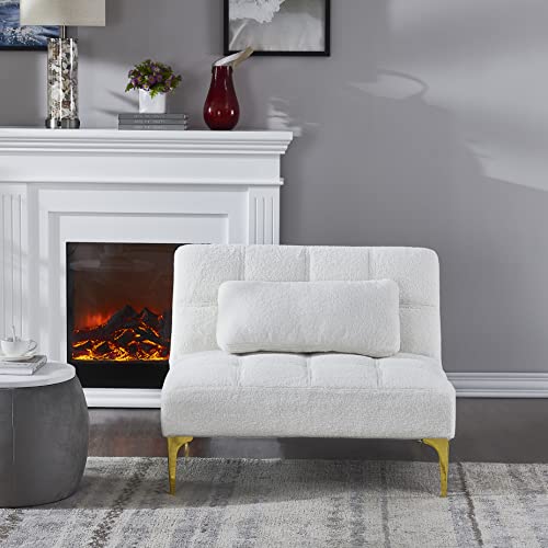 MMTGO Convertible Fabric Sofa Bed with Gold Metal Legs and Toss Pillow,Single Futon Couch w/Three Backrest Settings for Small Spaces,Partment,Studio, 35.5Inch, White Teddy