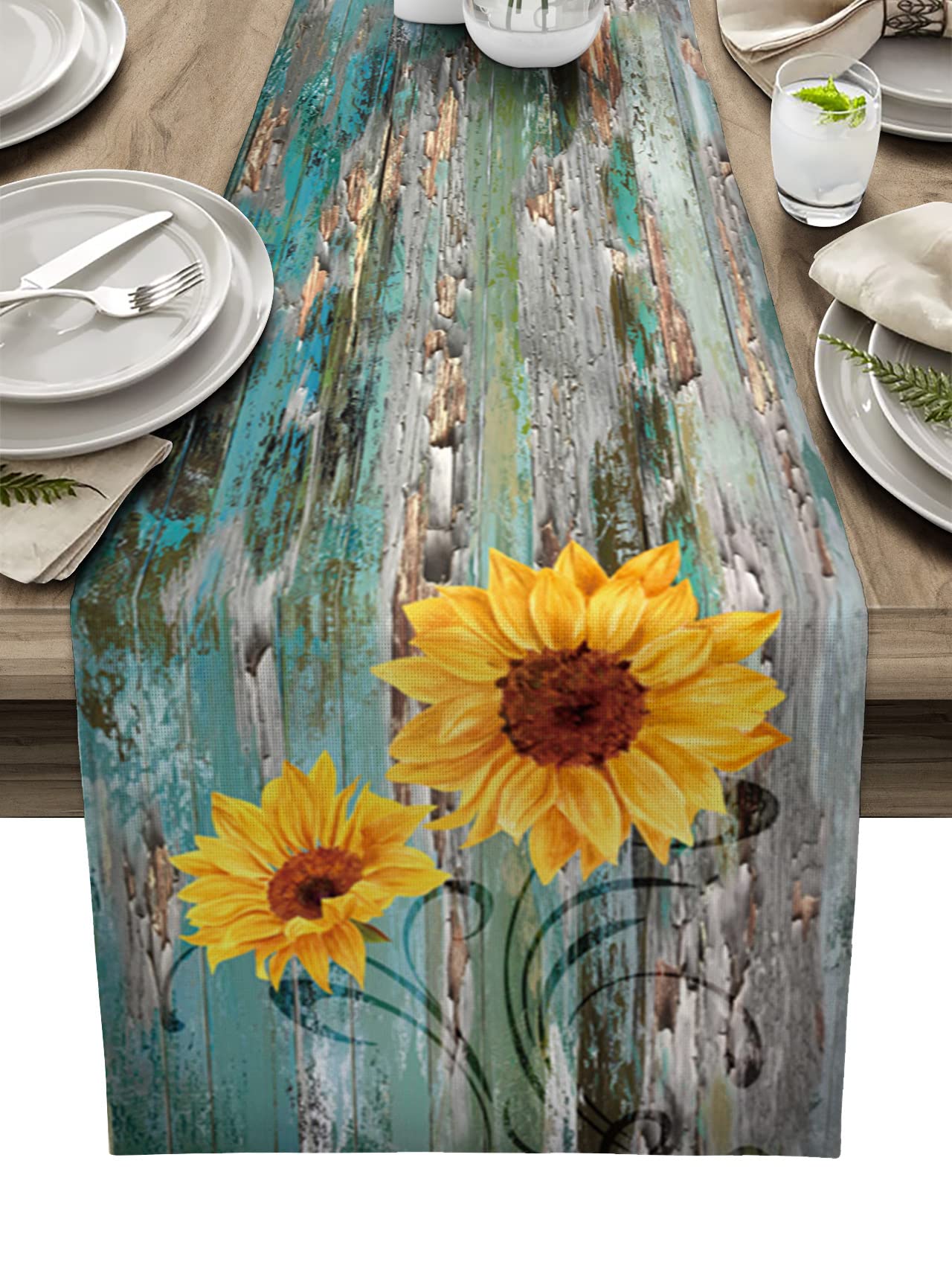 Summer Sunflowers Table Runner 36 Inches Long Farmhouse Dress Scarves, Spring Floral Botanical Teal Brown Retro Wood Dining Tablerunner for Coffee Table/Kitchen Island/Party Décor, Small 13" x 36"