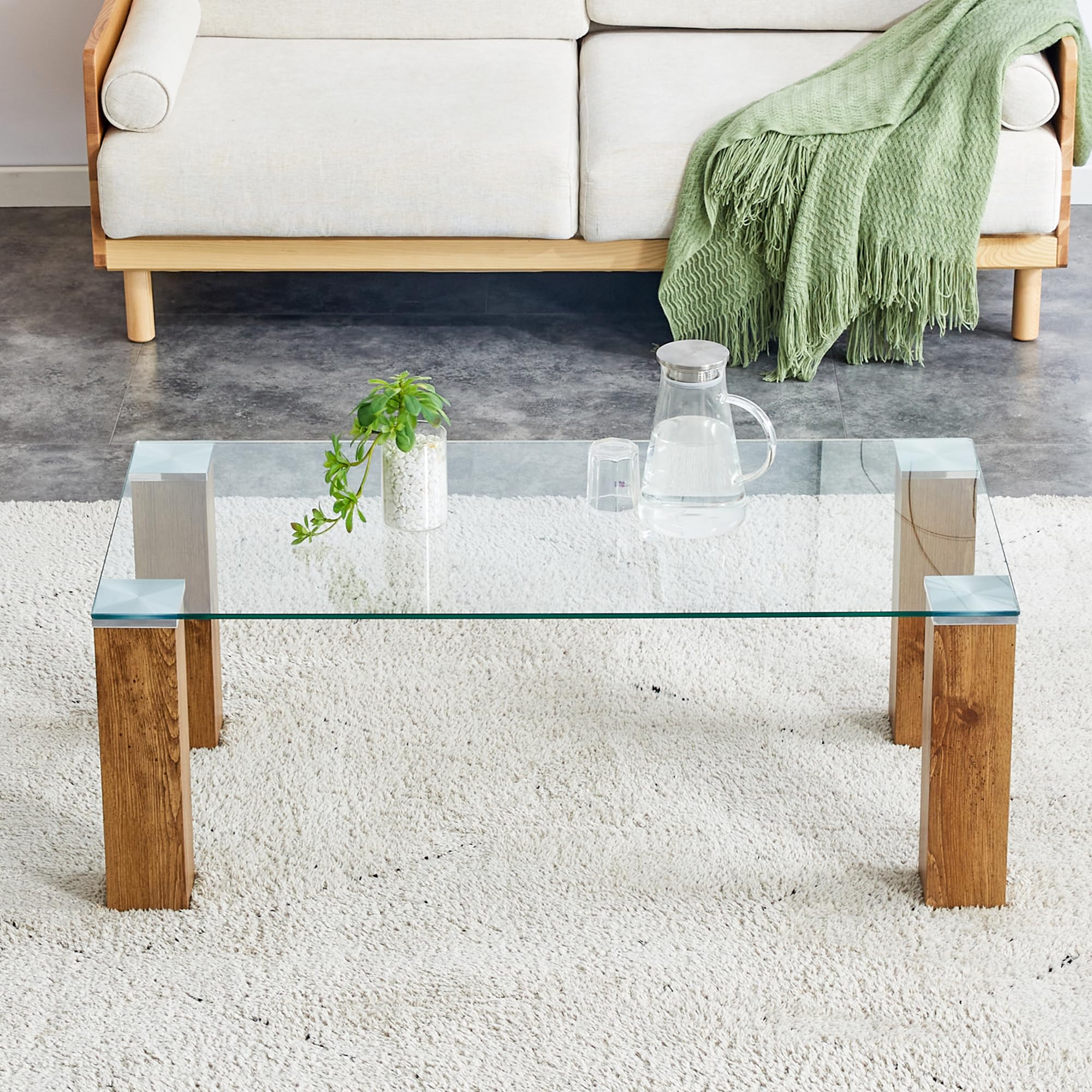 CIATRE Glass Coffee Table, Modern Tempered Clear Coffee Tables with Solid Wood Legs Decor for Living Room, Modern Small Glass Living Room Tables,44.9"*21.7"*16.9"