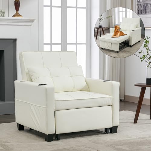 Futon Chair Bed, Modern Convertible Chair 3-in-1 Pull Out Sleeper Chair Beds with USB Ports, Single Sofa Recliner Couch Armchair Bed Sleeper for Living Room Apartment (White PU Leather)