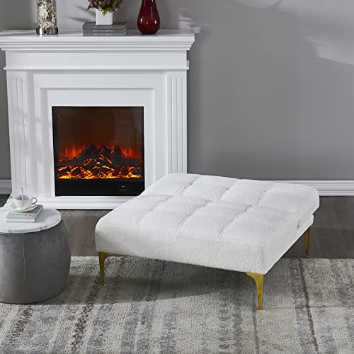 MMTGO Convertible Fabric Sofa Bed with Gold Metal Legs and Toss Pillow,Single Futon Couch w/Three Backrest Settings for Small Spaces,Partment,Studio, 35.5Inch, White Teddy