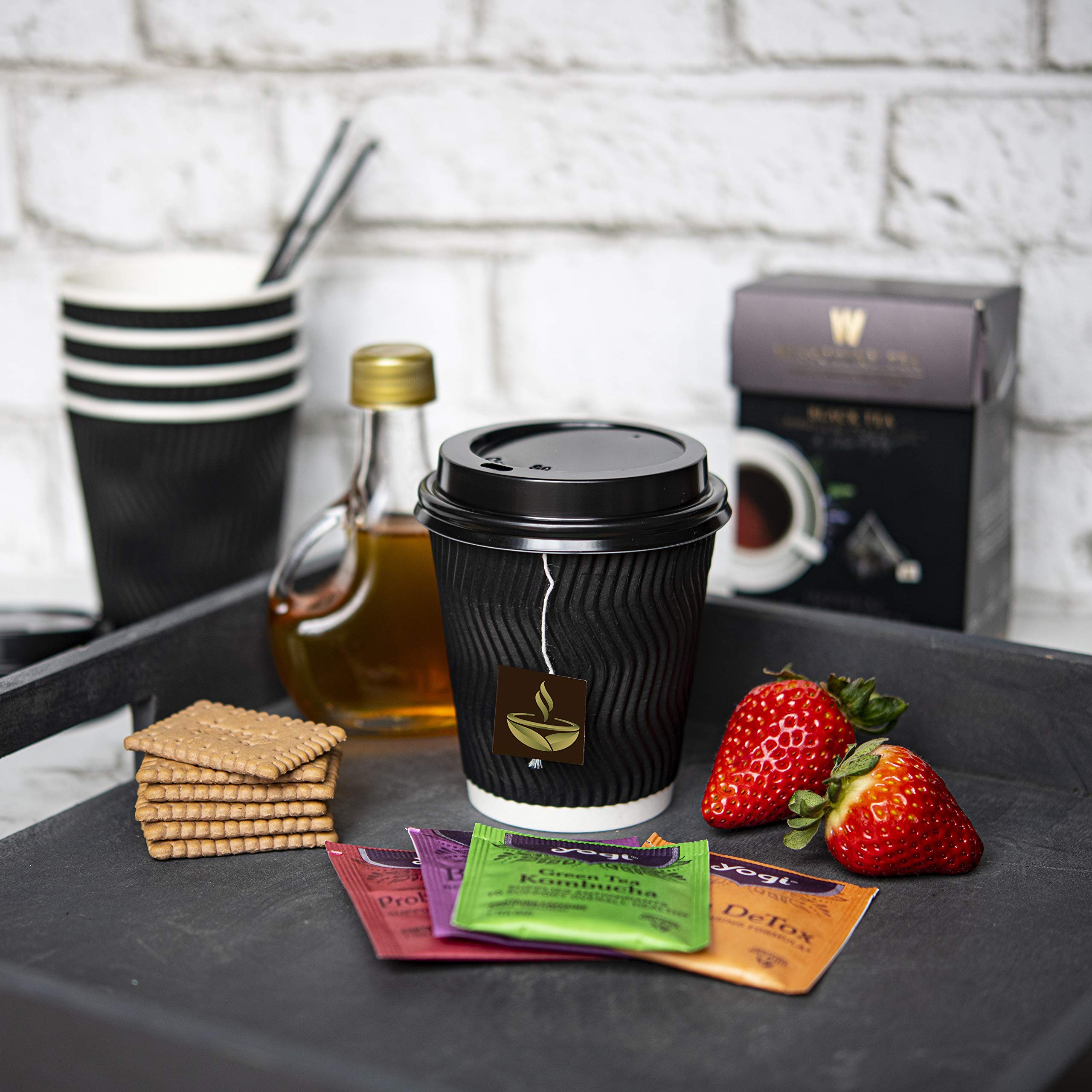 NYHI Set of 100 Black Disposable Paper Cups with Black Lids and Straws (8-oz) | Ripple Insulated Kraft for Hot Drinks - Tea & Coffee | Triple Layer Design | Eco- Friendly, Recyclable, Durable Paper