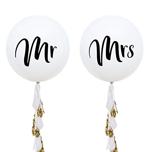 NICROLANDEE 36 Inch Giant Wedding Balloons Mr. & Mrs. White balloons with Two Paper Tassel Garlands for Outdoor Or Indoor Engagement Party Decorations Bachelorette Party Decorations