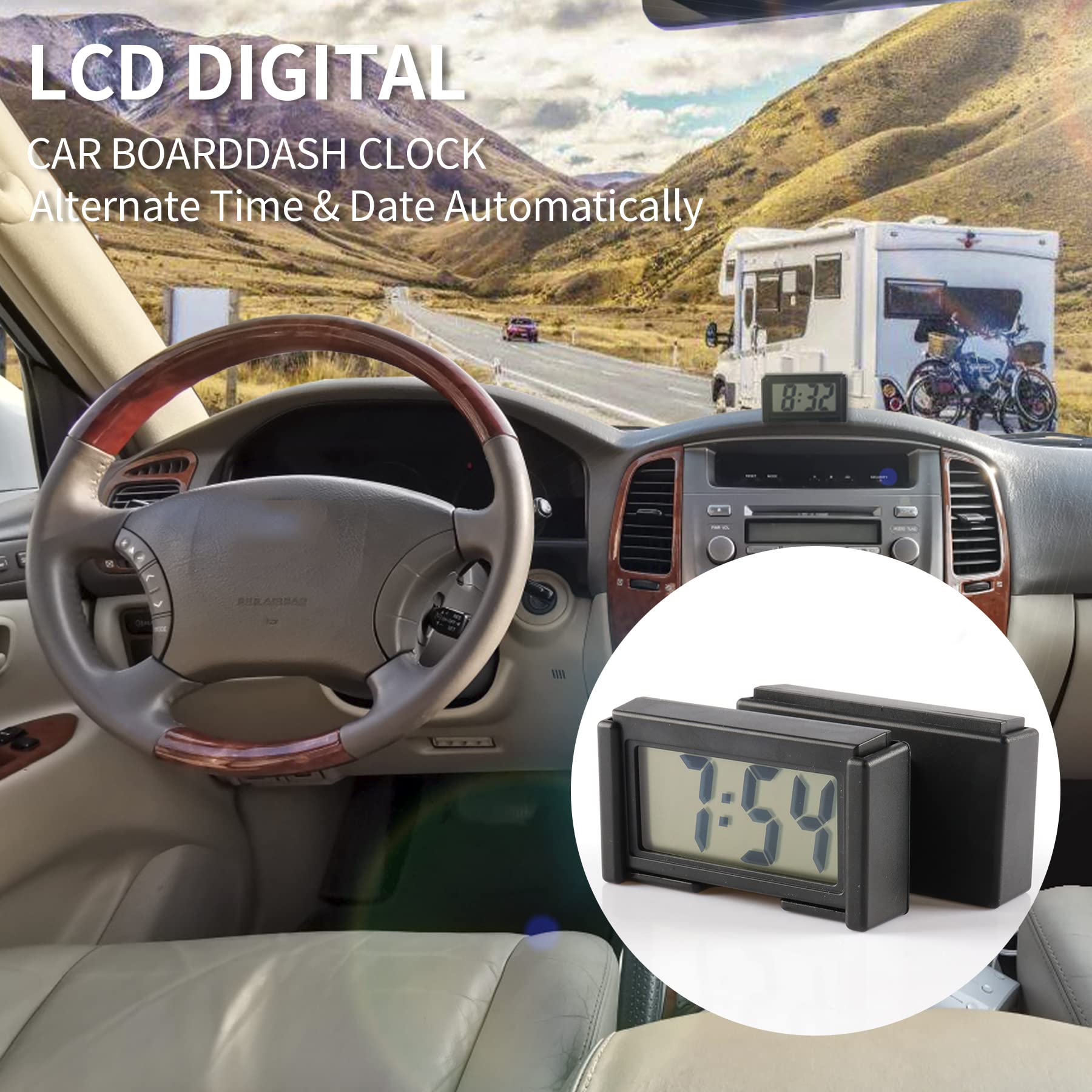 UYYE Mini Digital Car Clock Sticky Electronic Car Clock, Accessories with Clear LCD Screen Self-Adhesive Stand Digital Clock for Car Truck Dashboard Home Office Table