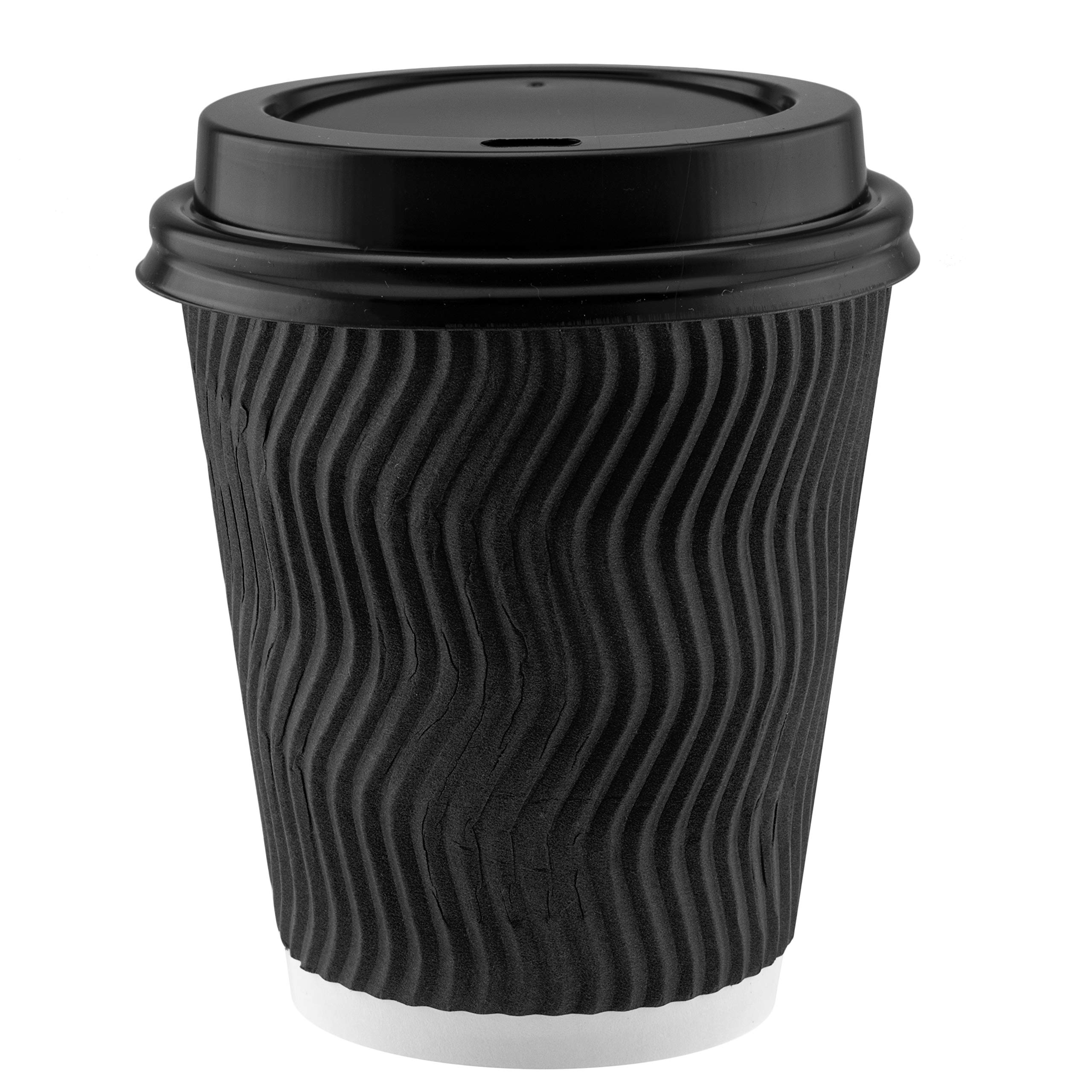 NYHI Set of 100 Black Disposable Paper Cups with Black Lids and Straws (8-oz) | Ripple Insulated Kraft for Hot Drinks - Tea & Coffee | Triple Layer Design | Eco- Friendly, Recyclable, Durable Paper