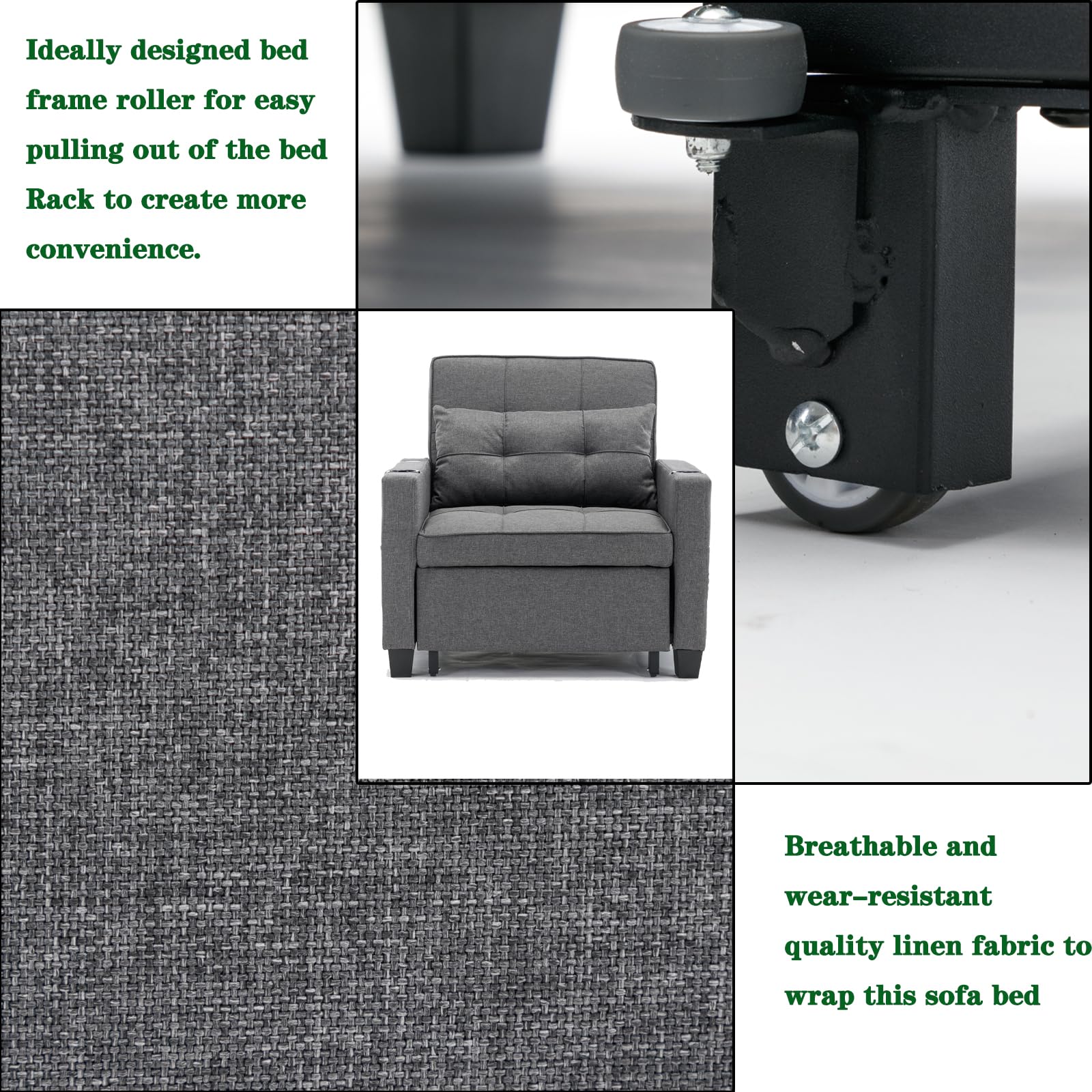 Luoyisimall Leather Sofa Bed, 3-in-1 Convertible Futon Sofa Beds with USB Ports and Cup Holder,Adjustable Backrest Sleeper Lounge Chair for Living Room,Bedroom,Guest Room (Linen Dark Grey)