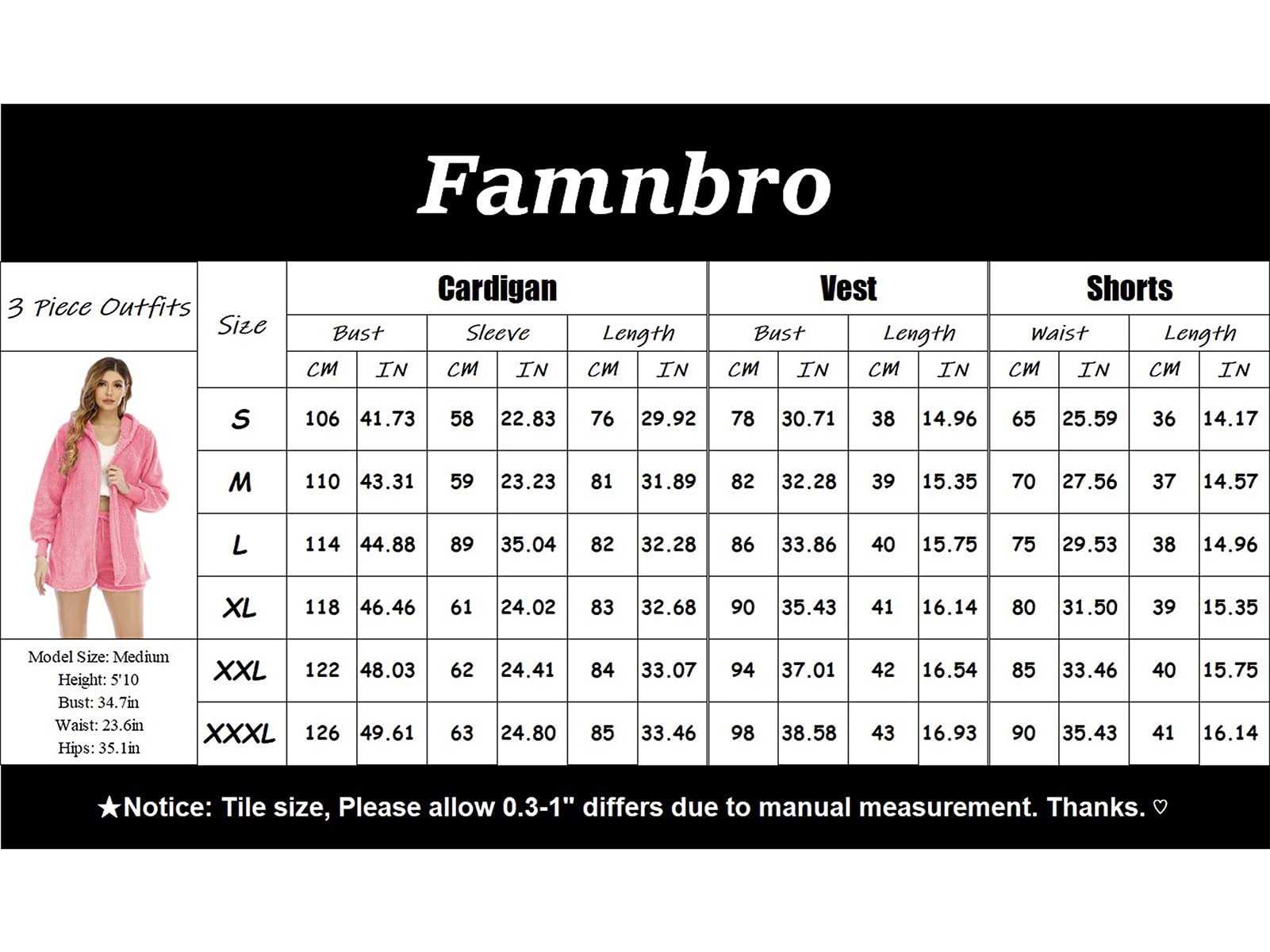 Famnbro Womens Sexy 3 Piece Outfits Fuzzy Warm Fleece Cardigan Fluffy Crop Top Short Sets Pajamas A-pink