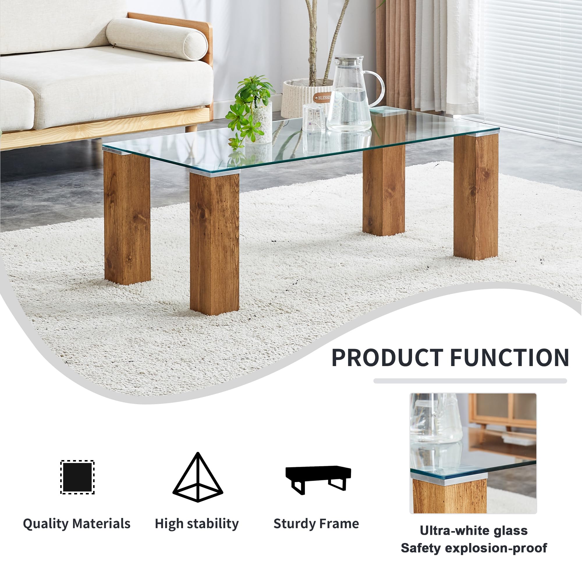 CIATRE Glass Coffee Table, Modern Tempered Clear Coffee Tables with Solid Wood Legs Decor for Living Room, Modern Small Glass Living Room Tables,44.9"*21.7"*16.9"