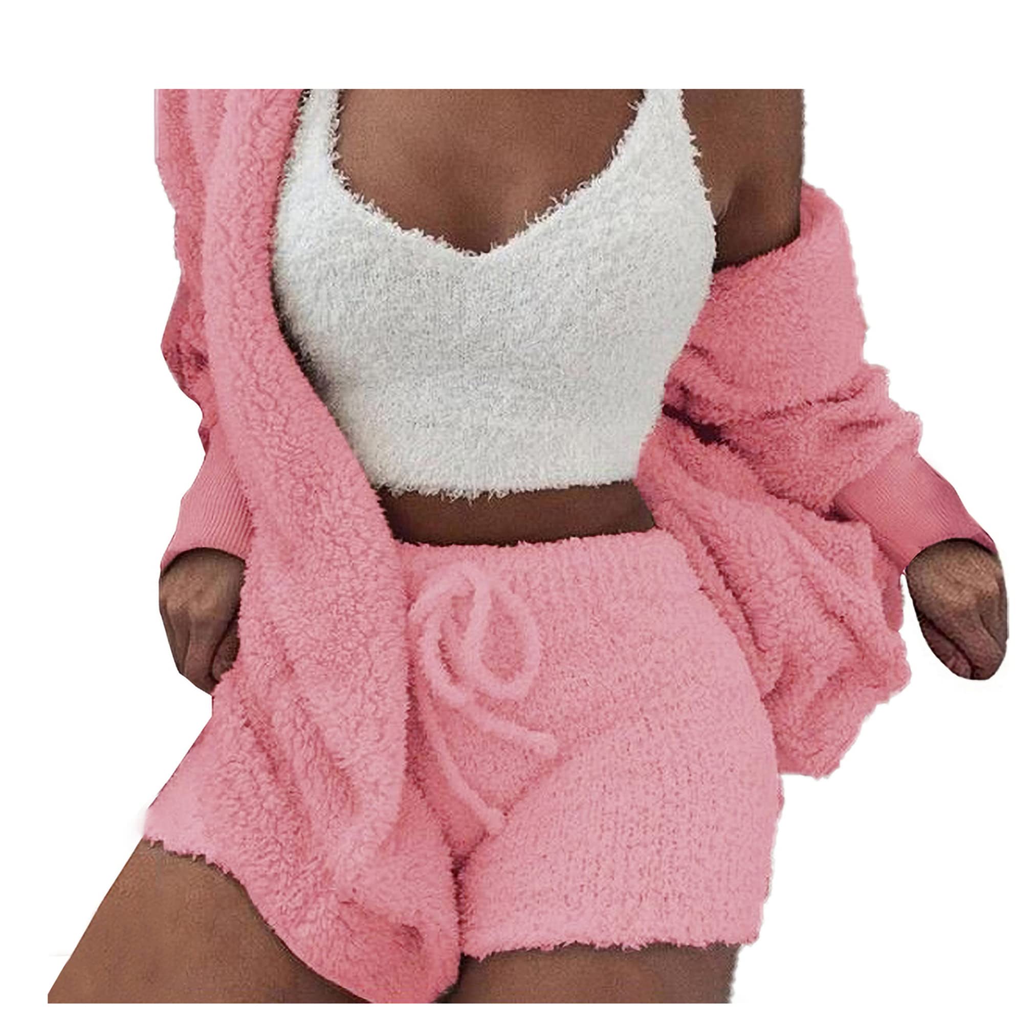 Famnbro Womens Sexy 3 Piece Outfits Fuzzy Warm Fleece Cardigan Fluffy Crop Top Short Sets Pajamas A-pink