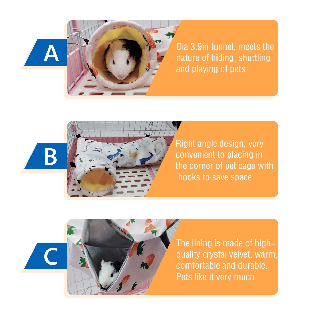 Guinea Pig Rat Corner Tunnel & Tubes Bunkbed Hammock, Guinea Pig Hideout for Small Pet Hedgehog Piggy Hamster Hide(1. Hammock&Tunnel-Dinosaur)