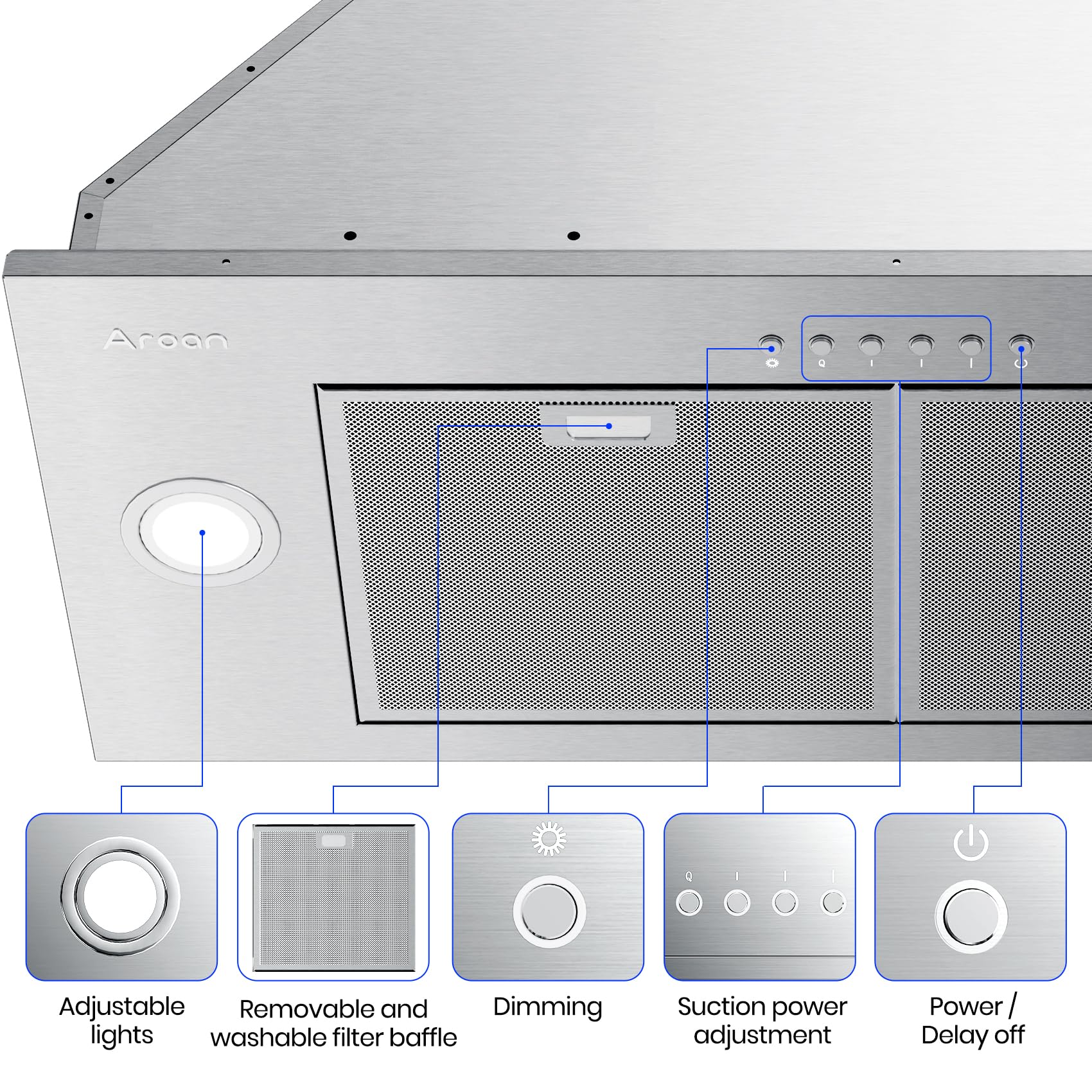 Range Hood Insert 30, AROAN Built-in Range Hood with Ducted/Ductless Convertible, Stainless Steel Vent Hood for Kitchen with 900 CFM, 4 Speed Soft Touch Switch, Aluminum Filters, Carbon Filter(B0130A)