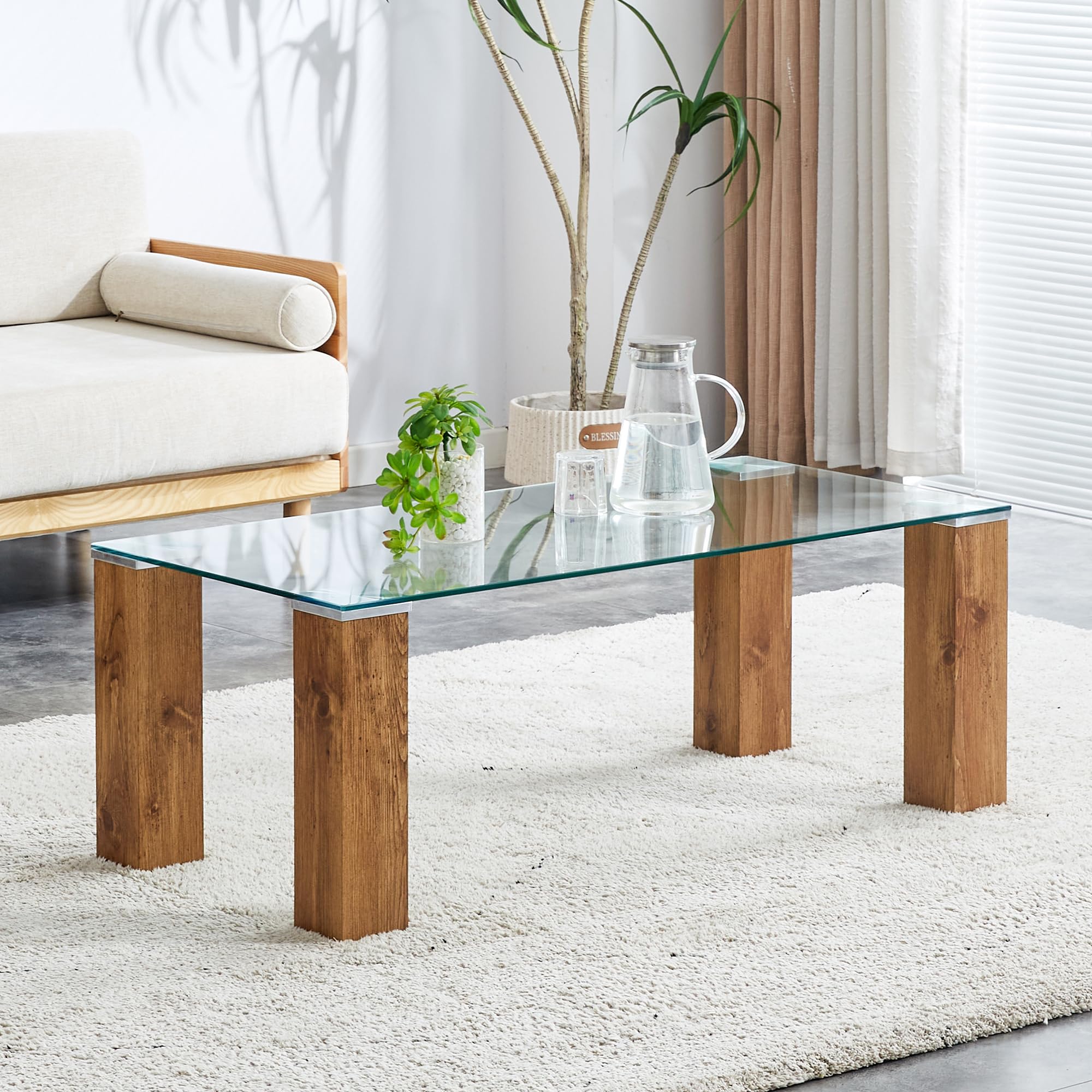 CIATRE Glass Coffee Table, Modern Tempered Clear Coffee Tables with Solid Wood Legs Decor for Living Room, Modern Small Glass Living Room Tables，44.9"*21.7"*16.9"