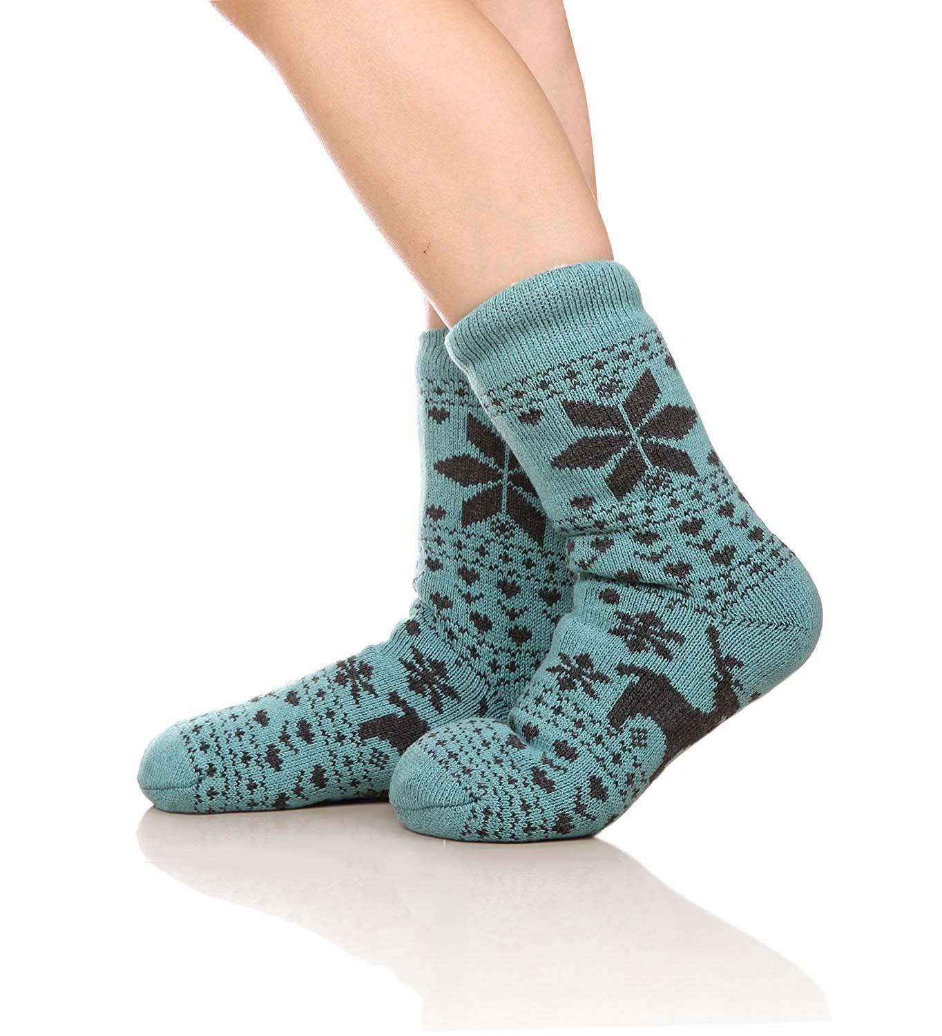 FRALOSHA Fuzzy Warm Slipper Socks Women Winter floor Socks Super Soft lined with Grippers reading Socks Cozy Sleeping Reindeer Socks (Green)