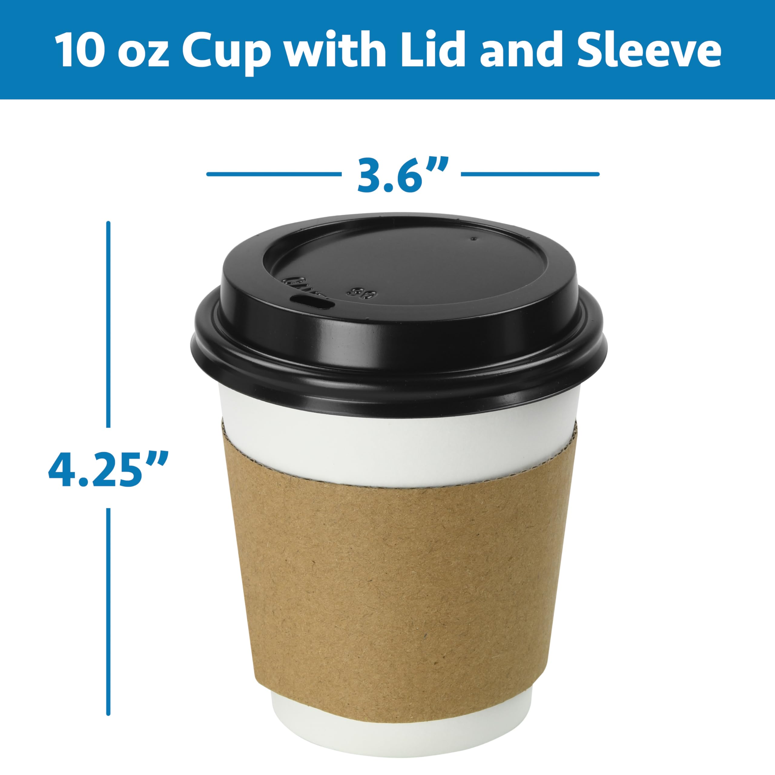 NYHI 100 Pack 10 oz White Paper Disposable Coffee Cups with Black Lids and Sleeves Hot Cold Beverage Drinking Cup for Water Juice Espresso Tea Ideal for Water Coolers Party