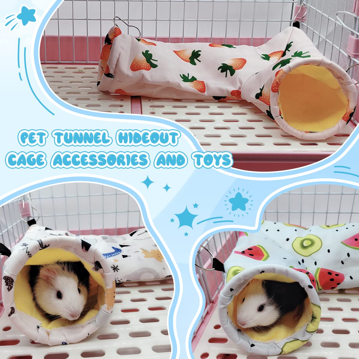 Guinea Pig Rat Corner Tunnel & Tubes Bunkbed Hammock, Guinea Pig Hideout for Small Pet Hedgehog Piggy Hamster Hide(1. Hammock&Tunnel-Dinosaur)