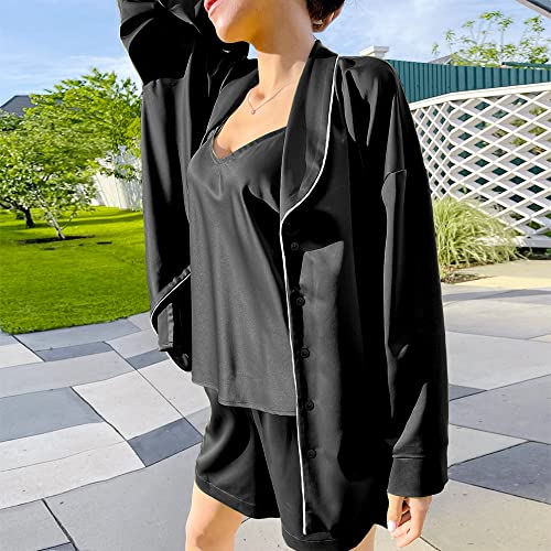 Womens Pajama Sets Silk Satin 3 Piece Sleepwear Cami Shorts and Long Sleeve Top Set Soft Comfy Loungewear, 3-black-imitation Silk-3pcs