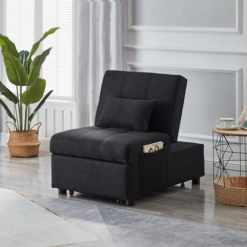 Convertible Pull Out Single Sofa Chair,3-in-1 Multi-Functional Sleeper Chair Bed, Adjustable Backrest Recliner with Modern Fabric for Living Room Bedroom Apartment Small Space（Black）