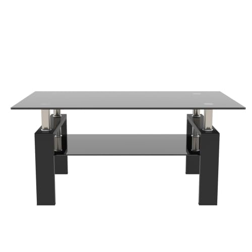 Tempered Rectangle Glass Coffee Tables with Metal Legs, Clear Coffee Table, Modern Side Center Tables for Living Room, 39.37" x 23.62" x 17.7" cm, Black