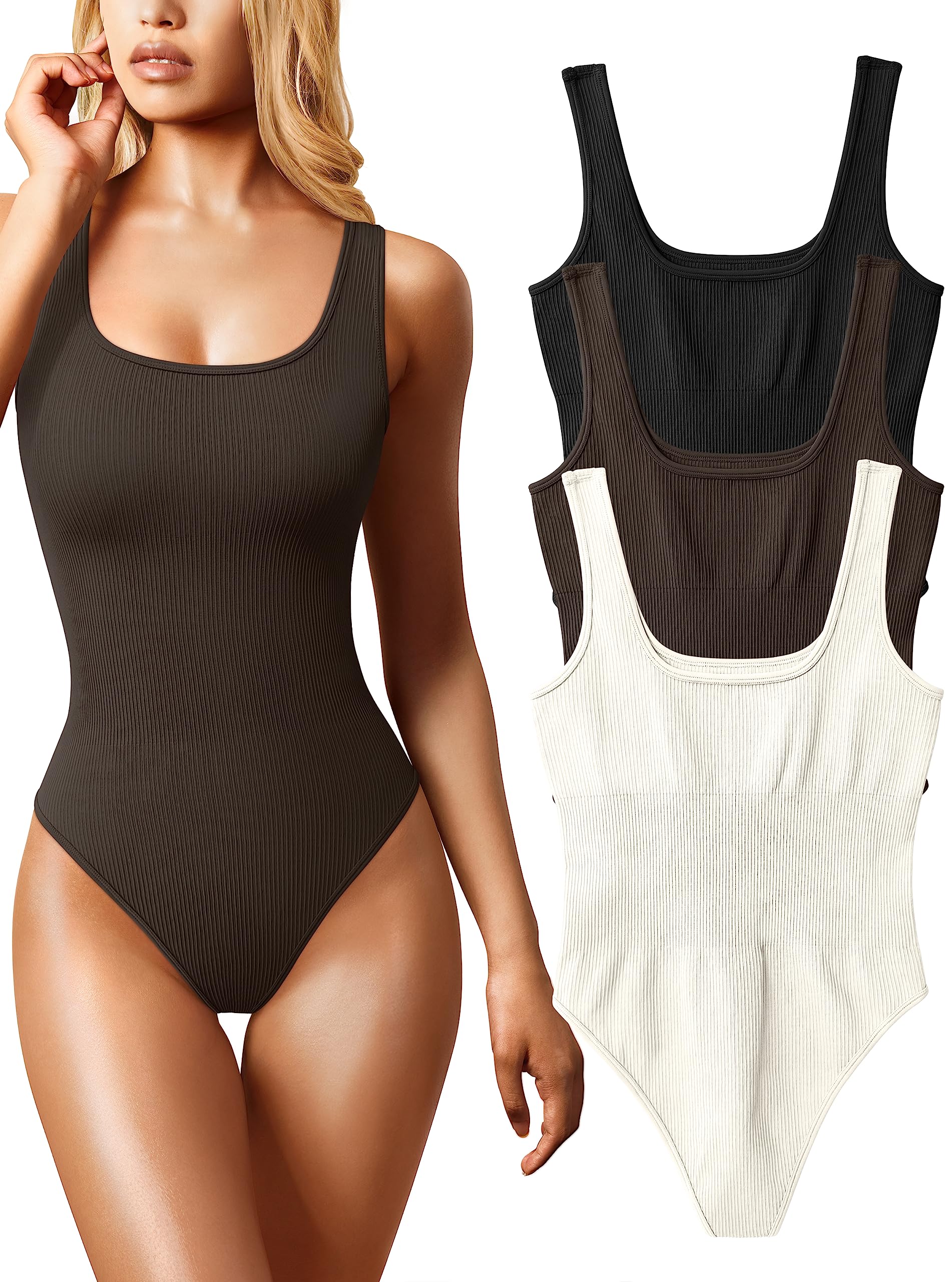 OQQ Women's 3 Piece Bodysuits Sexy Ribbed Sleeveless Square Neck Tank Tops Leotard 2025 Trendy Outfits Black Darkbrown Beige