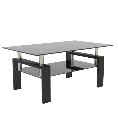 Tempered Rectangle Glass Coffee Tables with Metal Legs, Clear Coffee Table, Modern Side Center Tables for Living Room, 39.37" x 23.62" x 17.7" cm, Black