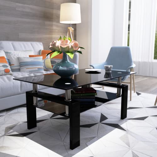Tempered Rectangle Glass Coffee Tables with Metal Legs, Clear Coffee Table, Modern Side Center Tables for Living Room, 39.37" x 23.62" x 17.7" cm, Black