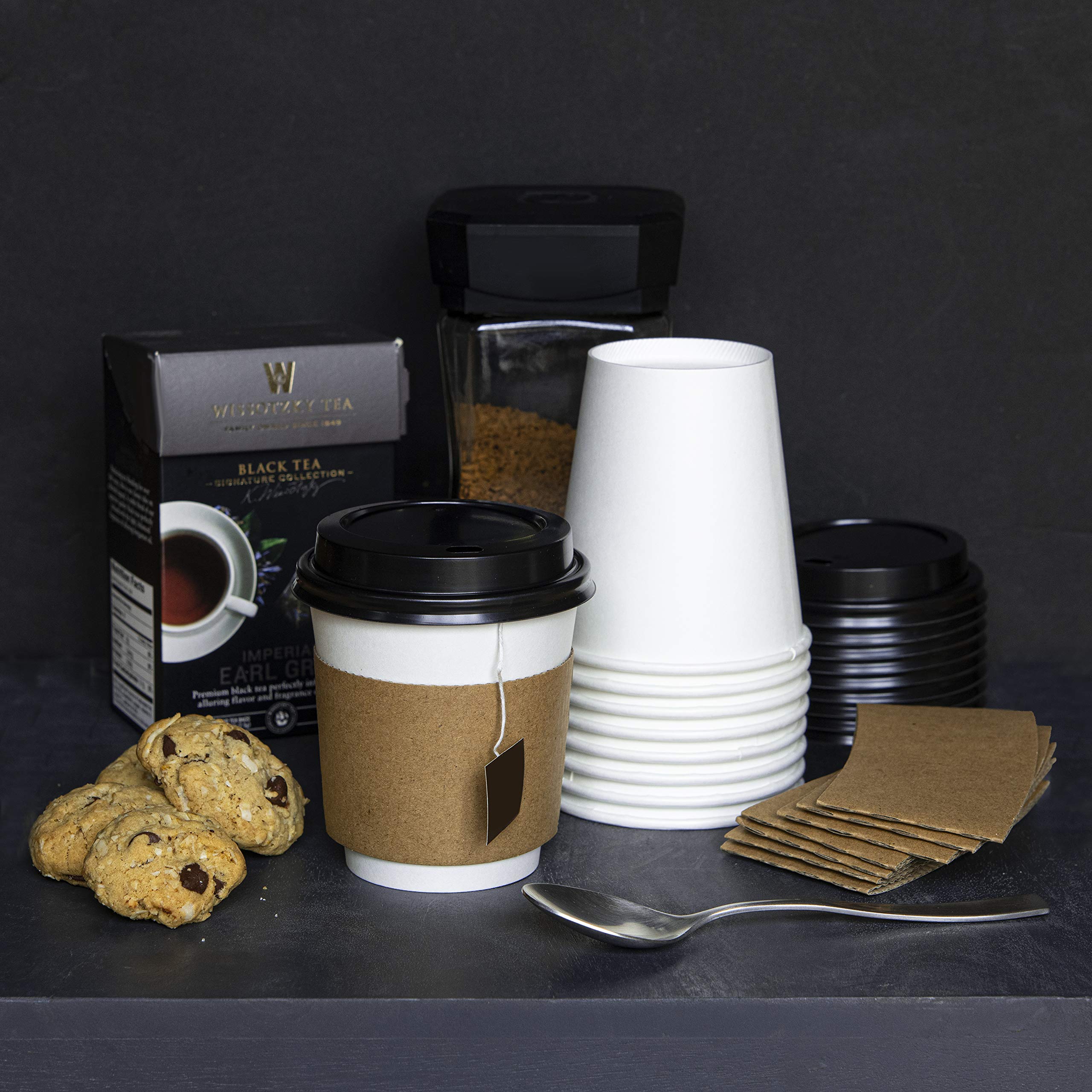 NYHI 100 Pack 10 oz White Paper Disposable Coffee Cups with Black Lids and Sleeves Hot Cold Beverage Drinking Cup for Water Juice Espresso Tea Ideal for Water Coolers Party