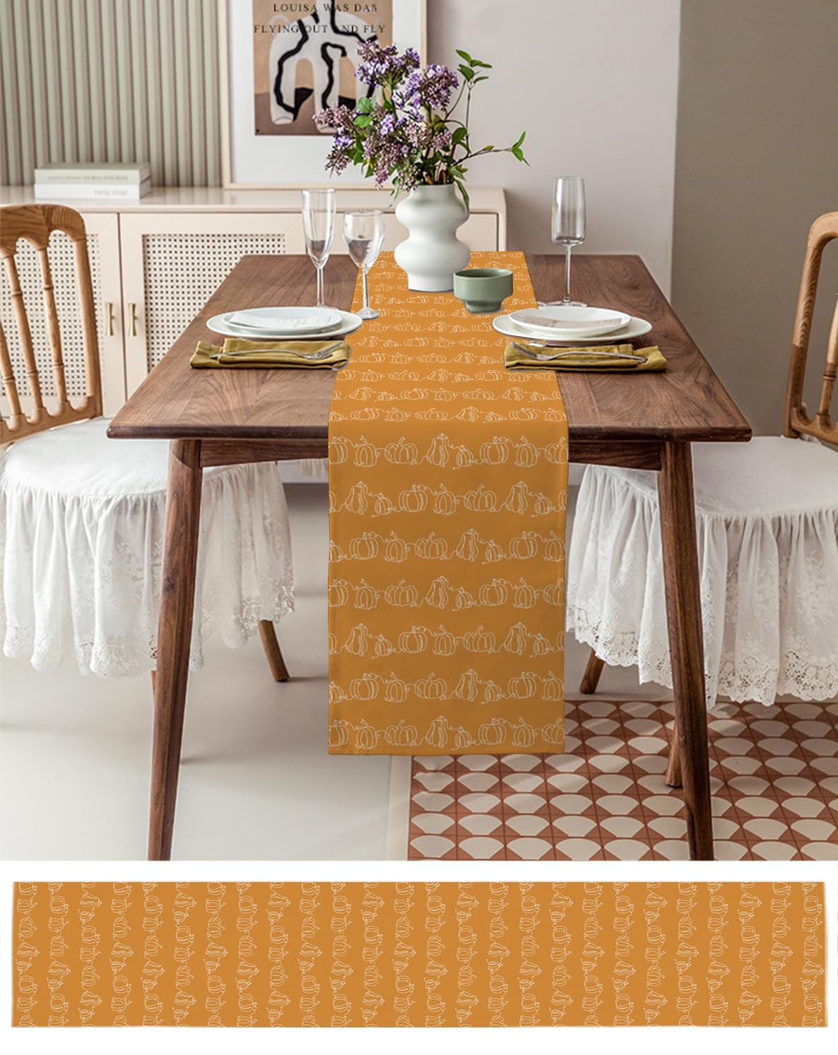 Lsrtoss Thanksgiving Fall Table Runner 60 Inches Long Farmhouse Dress Scarves, Autumn Orange Pumpkin Dining Tablerunner for Coffee Table/Kitchen Island/Party Décor, 13" x 60"